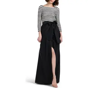 EMILY SHALANT Beaded Stripe Mixed Media Taffeta Gown