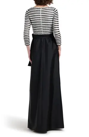 EMILY SHALANT Beaded Stripe Mixed Media Taffeta Gown