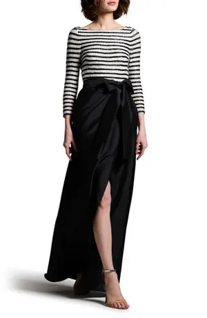 EMILY SHALANT Beaded Stripe Mixed Media Taffeta Gown