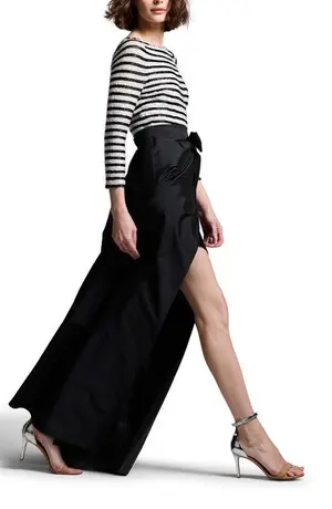 EMILY SHALANT Beaded Stripe Mixed Media Taffeta Gown