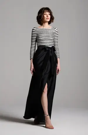 EMILY SHALANT Beaded Stripe Mixed Media Taffeta Gown