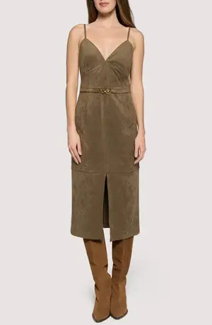 LOST + WANDER Urban Fall Faux Suede Midi Dress - Olive
