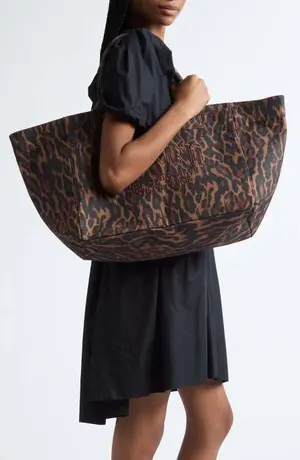 GANNI Leopard Print Extra Large Shopper Tote - Autumn Maple