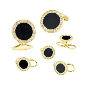 JAN LESLIE Onyx & Diamond 18k Gold Tuxedo Studs & Cufflinks Set