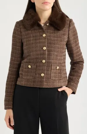 TAHARI ASL Faux Fur Collar Boucle Cropped Jacket - Espresso
