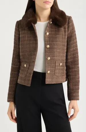 TAHARI ASL Faux Fur Collar Boucle Cropped Jacket