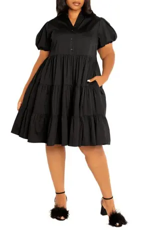 BUXOM COUTURE Puff Sleeve Tiered Dress Black