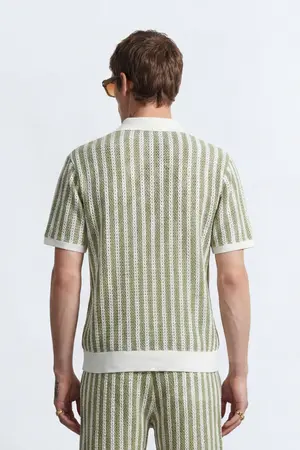 TWISTED TAILOR Albie Stripe Cotton Crochet Polo Shir