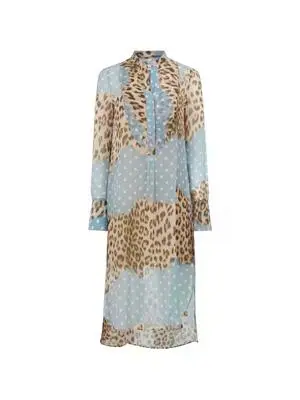 Nina Ricci Leopard And Polka-dot Print Shirt Midi Dress - Blue