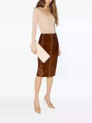 Elisabetta Franchi Vinyl-trimmed Cowhide Midi Skirt - Brown
