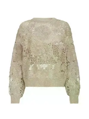 Brunello Cucinelli Whispering Bloom Embroidery Sweater In Sparkling Mohair And Wool - Neutrals