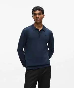 Karl Lagerfeld Wool Long-sleeved Polo Shirt - Navy