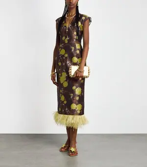 La DoubleJ Feather-trim Sleek Midi Dress