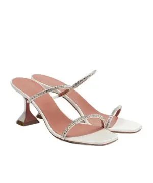 Amina Muaddi Embellished Satin Mules - Nude