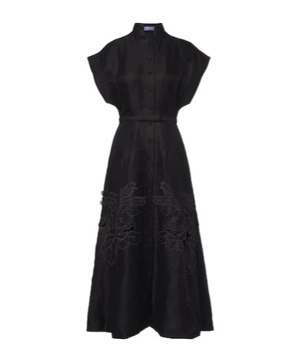 LEO Aubrey Floral-appliqué Linen-blend Midi Dress - Black