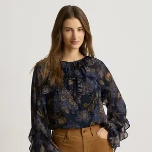 Ralph Lauren Floral Ruffle-trim Georgette Blouse - Navy Multi