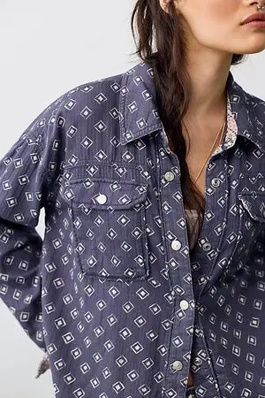 Free People We The Free Rose Garden Printed Cotton Shirt - Navy Combo