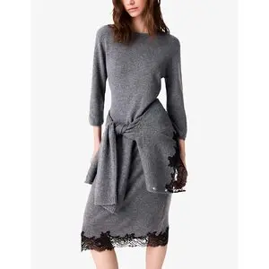 Maje Round-neck Lace-trim Wool Midi Dress