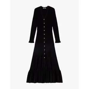 Maje Ruffled V-neck Knitted Maxi Dress