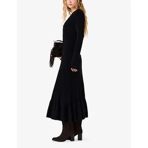 Maje Ruffled V-neck Knitted Maxi Dress