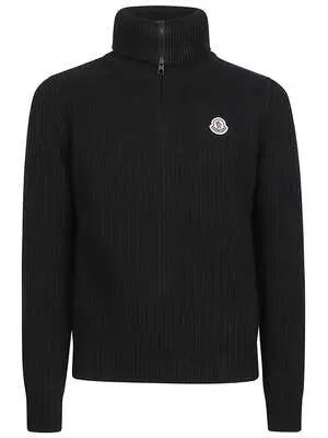 Moncler Dolcevita In Lana A Coste Con Logo - Black
