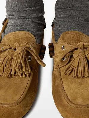 Miu Miu Suede Tassel Loafers With Wooden Beads - Green