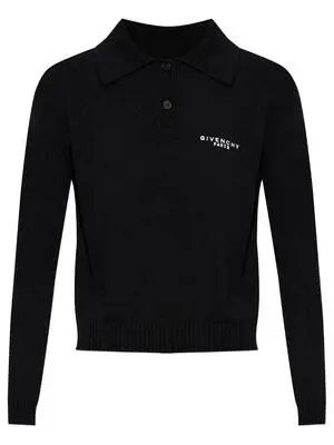 Givenchy Long-sleeve Wool And Cashmere Polo Sweater With Embroidered Logo - Black