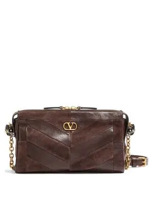 Valentino Garavani Borsa Piccola A Spalla Panthea In Suede E Nappa Motivo Chevron - Brown