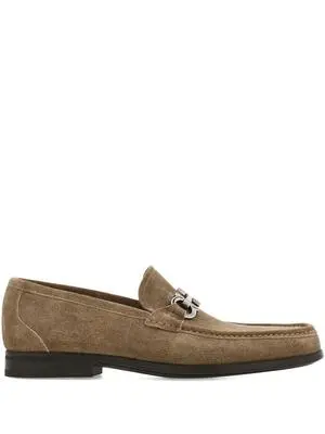 FERRAGAMO Suede Loafers With Gancini Buckle - Brown