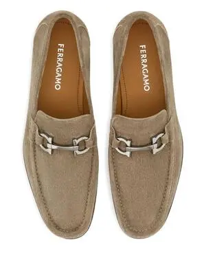 FERRAGAMO Suede Loafers With Gancini Buckle - Brown