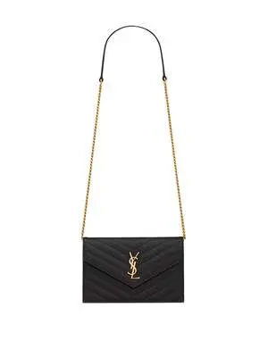 Saint Laurent Cassandre Envelope Chain Wallet In Grain De Poudre Leather - Black