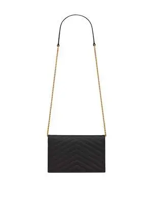 Saint Laurent Cassandre Envelope Chain Wallet In Grain De Poudre Leather - Black