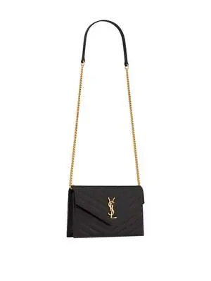 Saint Laurent Cassandre Envelope Chain Wallet In Grain De Poudre Leather - Black