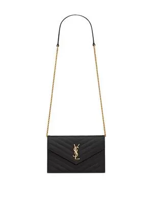 Saint Laurent Cassandre Envelope Chain Wallet In Grain De Poudre Leather - Black