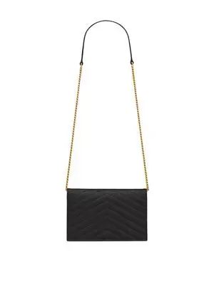 Saint Laurent Cassandre Envelope Chain Wallet In Grain De Poudre Leather - Black