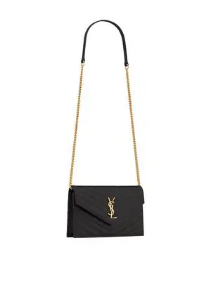 Saint Laurent Cassandre Envelope Chain Wallet In Grain De Poudre Leather - Black