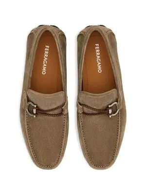 FERRAGAMO Suede Driver Loafers With Braided Leather Lace