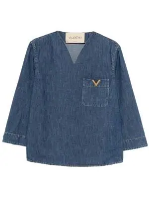 Valentino Garavani V-neck Denim Shirt With Logo - Blue