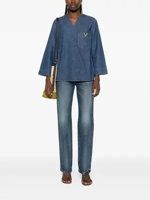 Valentino Garavani V-neck Denim Shirt With Logo Detail - Blue