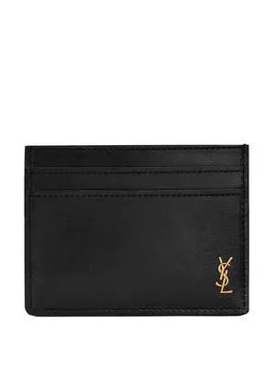 Saint Laurent Tiny Cassandre Credit Card Case In Shiny Leather - Black