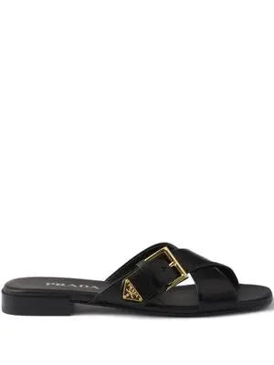 Prada Leather Crisscross Slides With Buckle - Black