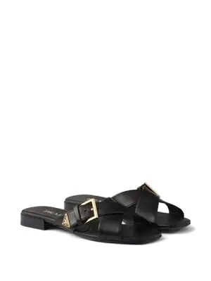 Prada Leather Crisscross Slides With Buckle