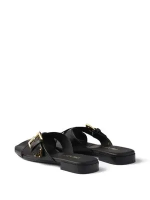 Prada Leather Crisscross Slides With Buckle