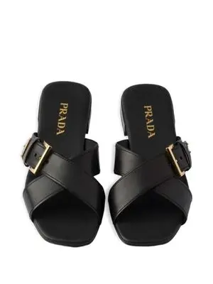 Prada Leather Crisscross Slides With Buckle