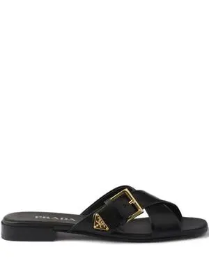 PRADA PRADA Leather Crisscross Slides With Buckle