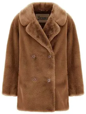 Herno Cappotto Doppiopetto In Ecopelliccia - Brown