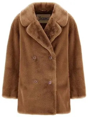 Herno Double-breasted Faux Fur Coat - Brown