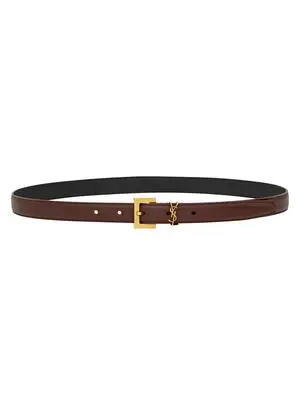 Saint Laurent Cassandre Thin Belt With Square Buckle In Box Leather - Brown