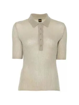 BOSS Ribbed Knit Polo Top - Neutrals