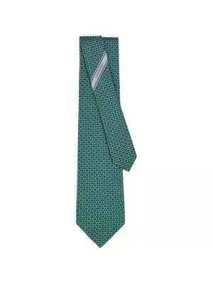 FERRAGAMO Gancini Print Silk Tie - Green